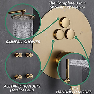 VANFOXLE Shower Faucet Brushed Gold Shower System,Push Button Diverter Shower Faucet with 2 in 1 Handheld,Wall Mount 10 Inch Shower Head with 4 PCS Dual Modes Body Jets(2 Inch)