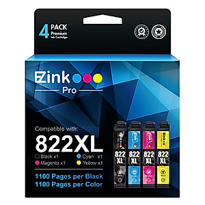 E-Z Ink Pro 822XL Remanufactured Ink Cartridgee Replacement for Epson 822 XL 822XL T822 High Yield to use with EPSON Workforce Pro WF-3820 WF-4820 WF-4830 (4 Pack,1 Black, 1 Cyan, 1 Magenta, 1 Yellow)