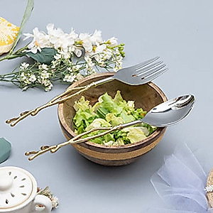 Twig Salad Servers Brass & Stainless Steel, Fork & Spoon Set Leaf Design, Two Tone Ideal for Weddings, Dinner Parties, Elegant Flatware, Housewarming Gifts, Stainless Steel Mirror Polished (Gold Twig)