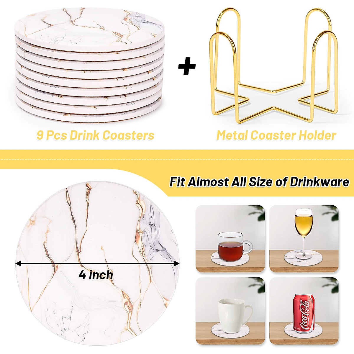 9 Pieces Ceramic Drink Coasters with Holder, Billbotk Absorbent Drink Coasters for Coffee Table, Marble Style Coasters Wooden Table, Suitable for Kinds of Cups, 4 Inches
