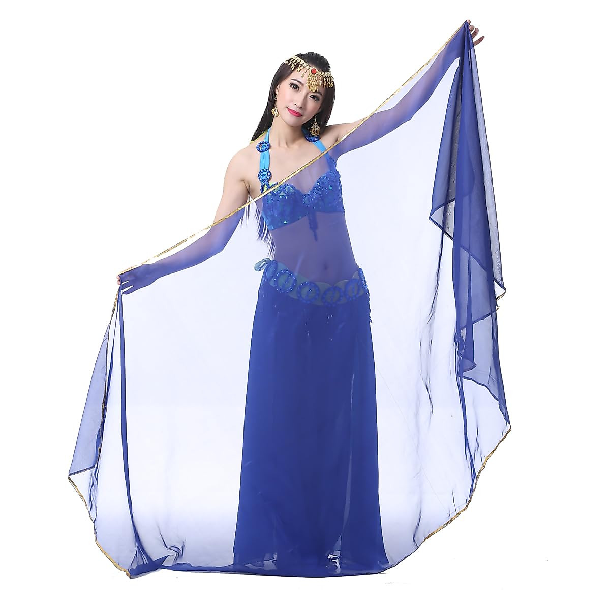 SHOWYOU 98.43" x 47.24" Lightweight Semicircle Chiffon Veil Belly Dance Scarf Blue Veil Scarf Shawls Trimed Gold Sequence (BLUE)