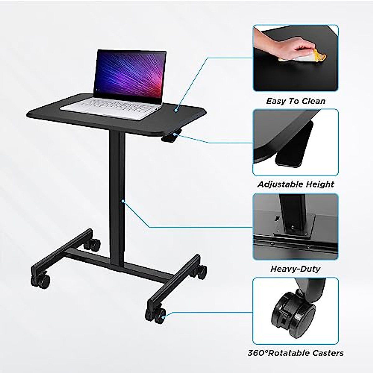 Small Computer Desk, Home Office Desk, Ergonomic Standing Desk, Rolling Desk for Bedroom, Height-Adjustable from 28.5" to 42.9",Weight Capacity 22lbs, 22.60" L*19.30" W*42.90" H, Black