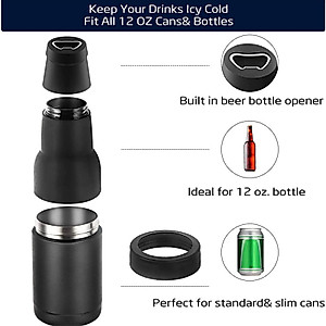 Stainless Steel Beer Cola Can with Opener, Double Walled Black Insulated Beverage Cooler for Home Outdoor Camping