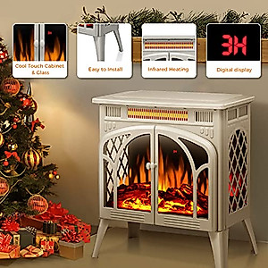 Antarctic Star Electric Fireplace Stove, Electric Fireplace Heater Freestanding with 3D Logs and Realistic Flame, Remote Control, Overheating Protection & All Steel Design, Adjustable Brightness Beige