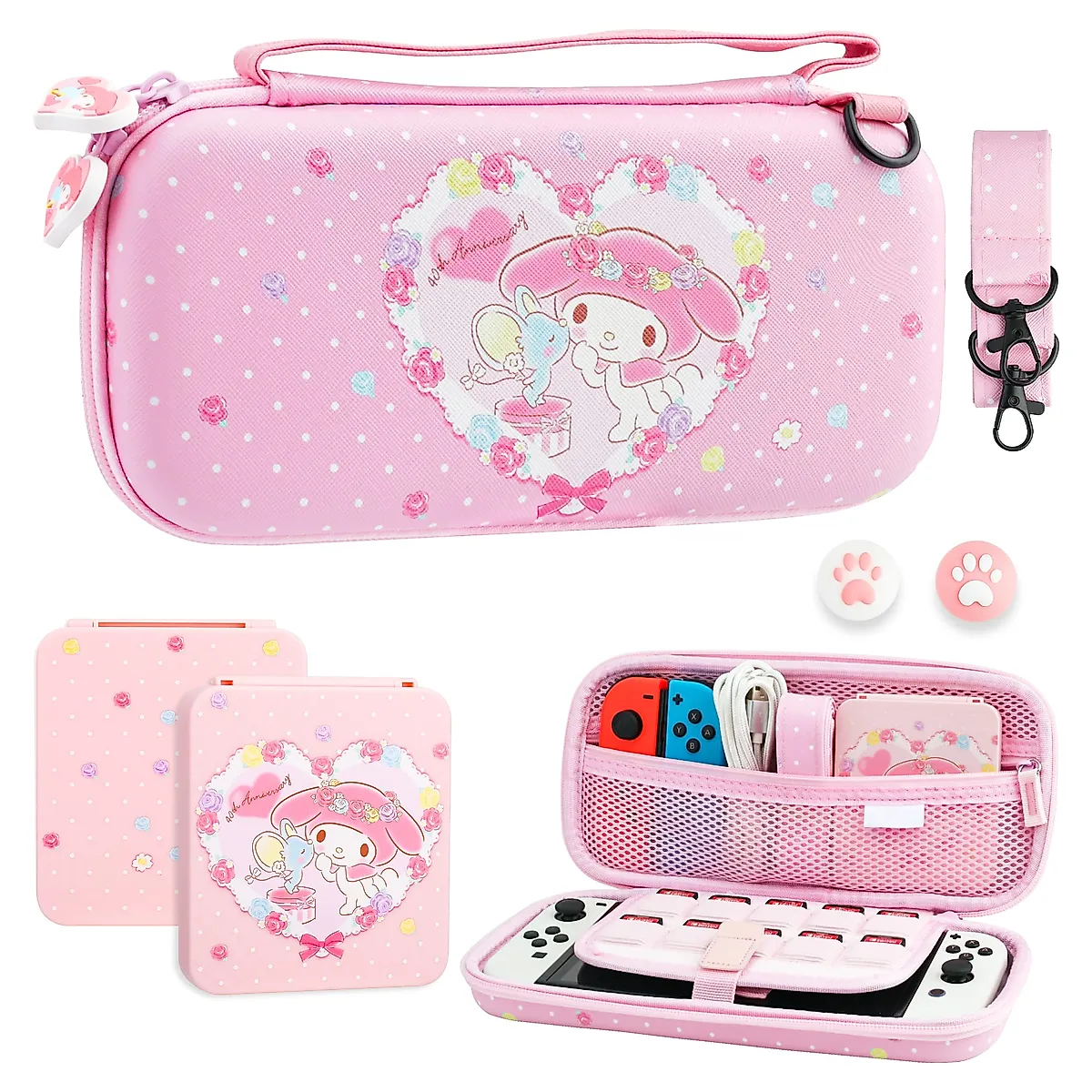 FUNDIARY Cute Carrying Case for Nintendo Switch and Switch OLED, Hard Portable Travel Case for Switch and Switch OLED, Case Accessories Bundle with Game Case and 2 Thumb Caps - Anime Bunny