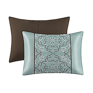 Madison Park Essentials Jelena Room in A Bag Faux Silk Comforter Classic Luxe All Season Down Alternative Bedding, Matching Bedskirt, Curtains, Decorative Pillows, Queen(90"x90"), Seafoam 24 Piece