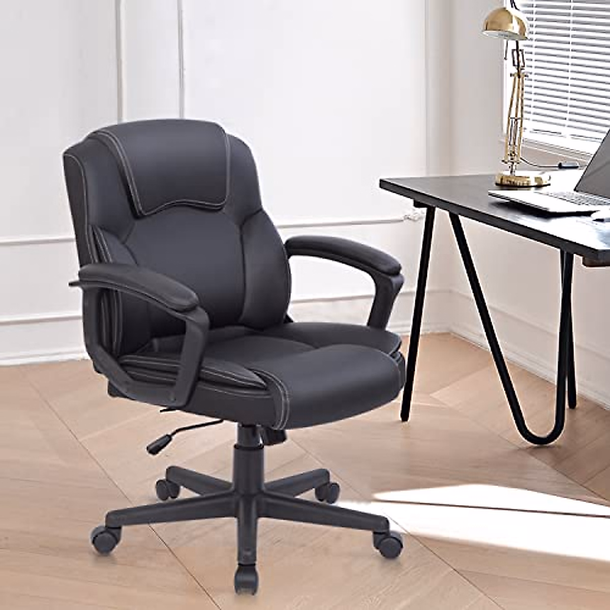 Home Office Chair with Arms and Back Support, PU Leather Ergonomic Computer Desk Chair, Mid Back Executive Office Chair with Wheels (Red)