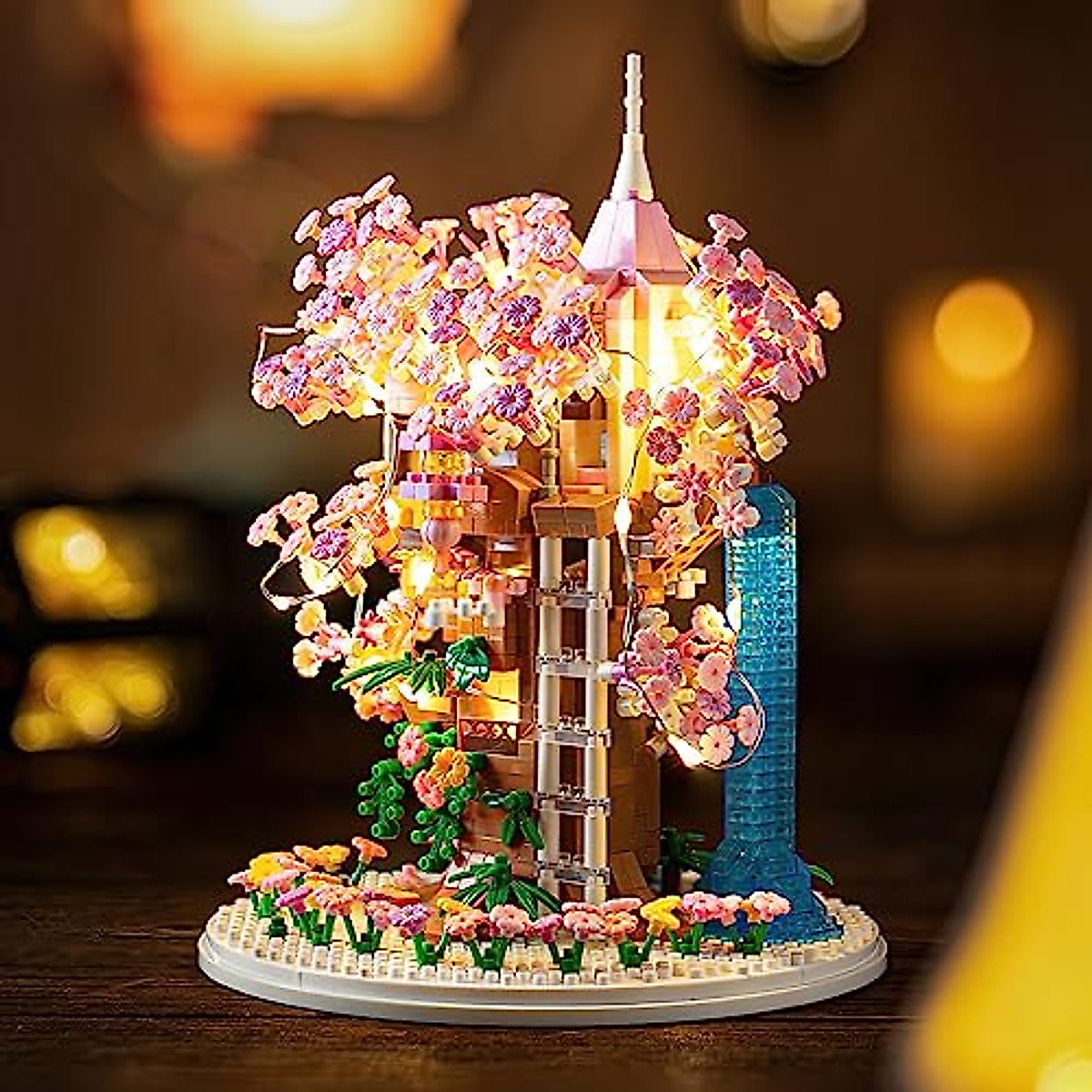 Insgen Cherry Blossom Bonsai Tree House Building Set for Adults, 1382 Pcs Micro-Particle Ideas Sakura Tree, Complete with String Lights, Dust Cover, and Wooden Base(Not Compatible with Lego Set)