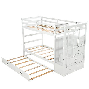 Twin Over Twin Bunk Bed with Twin Size Trundle, Solid Wood Bunk Beds with 4 Storage Drawers, Staircase and Safety Guard Rail, No Box Spring Needed (White)