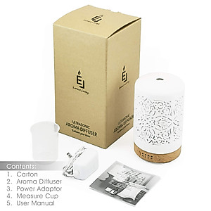 Earnest Living Essential Oil Diffuser White Ceramic Diffuser 100 ml Timers Night Lights and Auto Off Function Home Office Humidifier Ultrasonic Aromatherapy Diffusers for Essential Oils