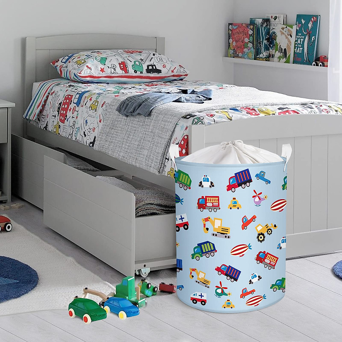 Clastyle 45L Cartoon Car Nursery Laundry Basket Blue Drawstring Collapsible Laundry Hamper with Handle Waterproof Toys Storage Basket for Kids Room, 14 * 17.7 in