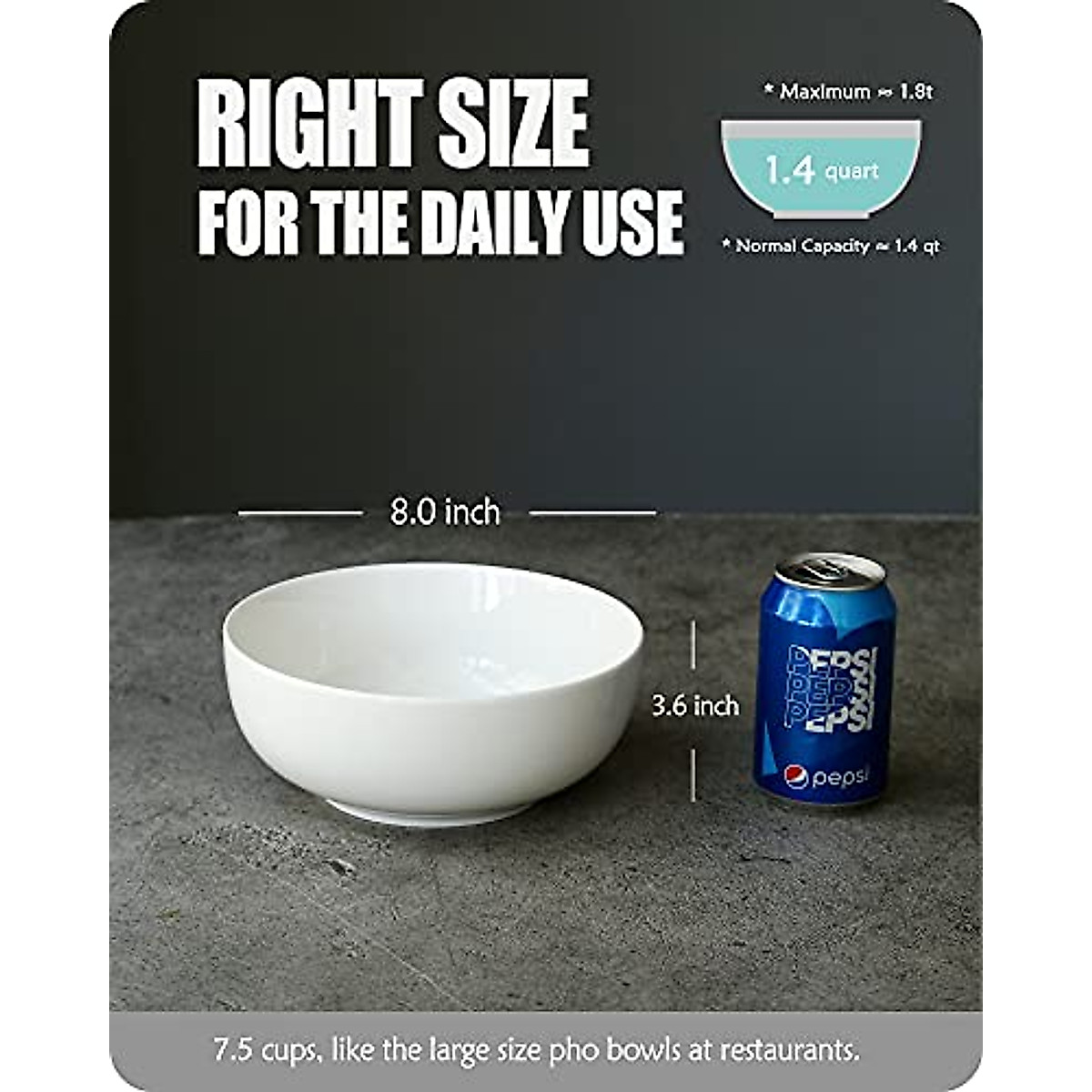 Lareina Large Soup Salad Pho Bowls for Kitchen, Premium 8 Inch 60 oz Ceramic Bowls Set for Ramen,Noodle, Cereal, Microwavable, White, 3PCS, Great Gift