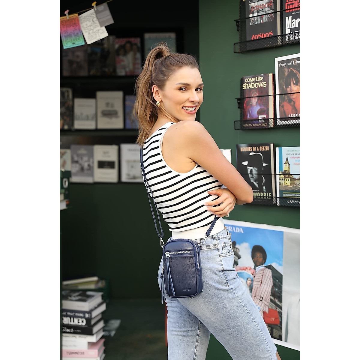 befen Navy Blue Genuine Leather Small Shoulder Bag Wallet Purse Crossbody bag for women