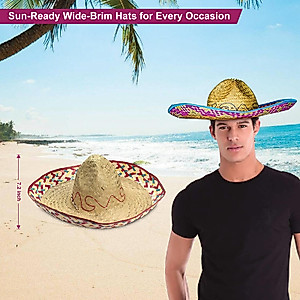 Fun Express 12 Pieces Sombreros Straw Hats with Drawstring for Adults - 24 Inch Brim - Authentic Mexican Style Brown