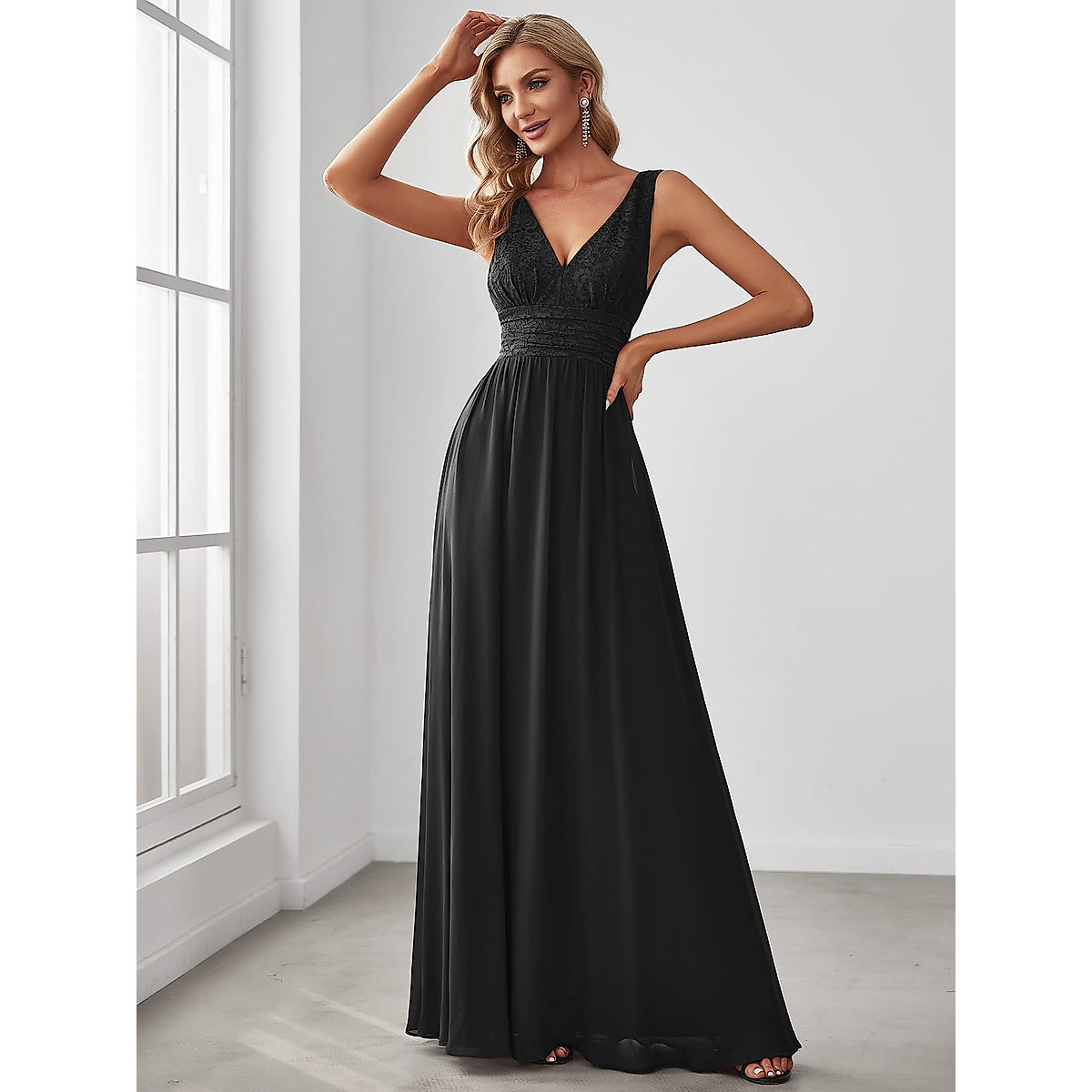 Ever-Pretty Double V-Neck Sleeveless Empire Waist Chiffon Formal Dresses for Evening Party Black US16