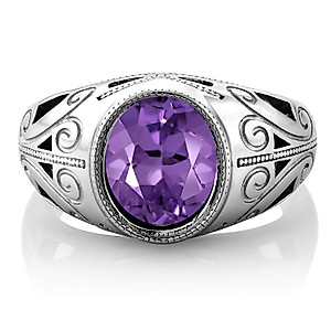 Gem Stone King 4.60 Cttw Amethyst Ring For Men In 925 Sterling Silver | Gemstone Birthstone | Oval 12X10MM | Available In Size 7,8,9,10,11,12,13