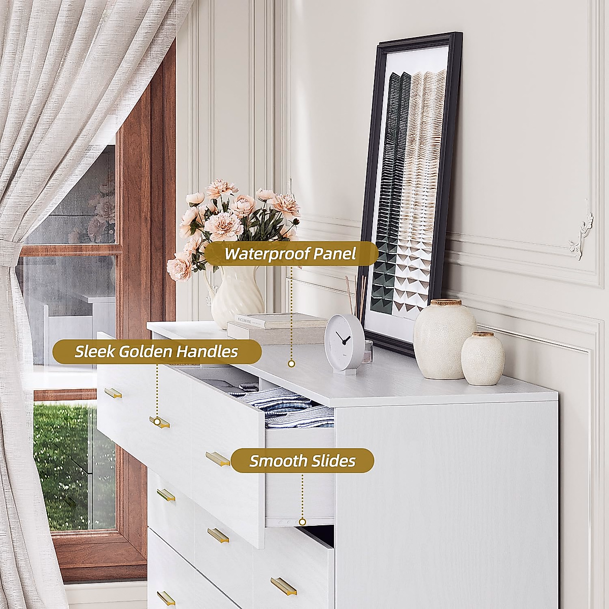 Angel Sar 9 Drawer Dresser for Bedroom, Modern White Dresser, Long Chest of Drawers with Golden Handles, Leg Free Design & Smooth Slides, Double Drawer Dresser for Closet, Sturdy Wooden Dresser