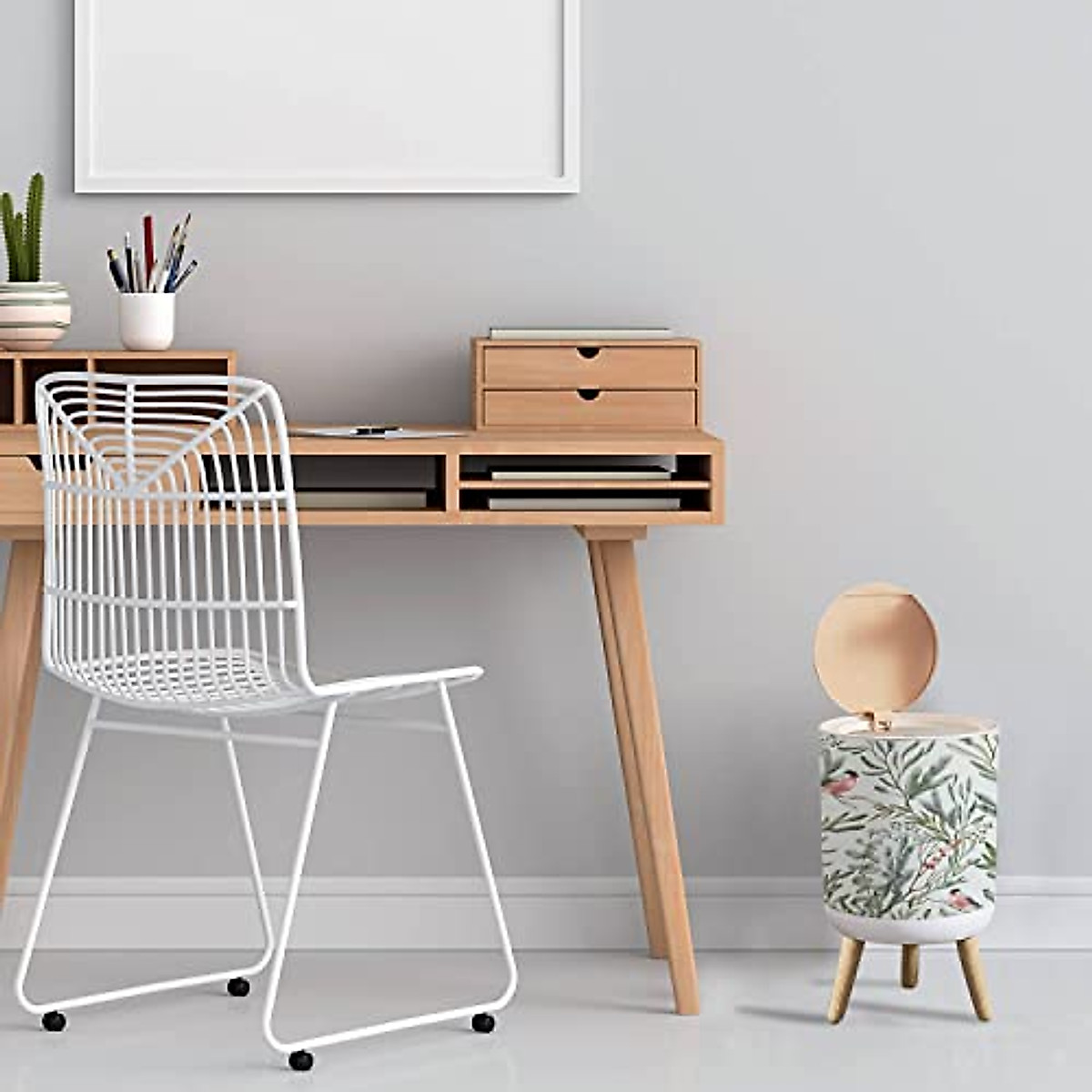 Small Trash Can with Lid Watercolor Seamless with Winter Leaves Branches Berries Bullfinch Bird 7 Liter Round Garbage Can Elasticity Press Cover Lid Wastebasket for Kitchen Bathroom Office 1.8 Gallon