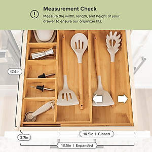 KitchenEdge Adjustable Kitchen Drawer Organizer for Utensils and Junk, Food-Safe Contract Grade with 100% Sustainable Wood, Non-Slip, Expandable from 10.5 to 18.5 Inches Wide - Natural Bamboo