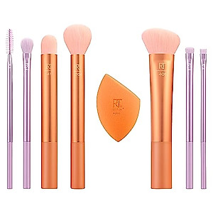 Real Techniques 8 Piece Level Up Brush And Sponge Set, Makeup Brushes For Eyeshadow, Foundation, Blush, & Bronzer, Makeup Blending Sponge, Synthetic Bristles, Stocking Stuffer, Cruelty-Free