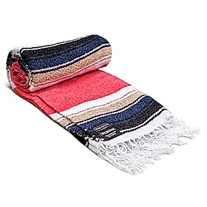 Benevolence LA Mexican Blanket, Authentic Handwoven Yoga Blanket & Outdoor Blanket, Made by Traditional Mexican Artisans, Saddle Blanket, Beach Blanket, Picnic Blanket, & Car Blanket 75 x 52 - Coral