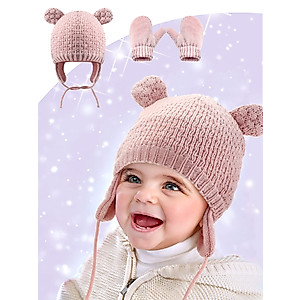 SATINIOR 2 Sets Baby Winter Beanie Hat Gloves Cute Bear Earflap Caps (White, Pink)