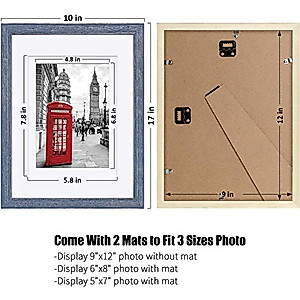 9x12 Picture Frames Blue Solid Wood Display Pictures 6x8 or 5x7 with Mat or 9x12 without Mat - Farmhouse Distressed 9 x 12 Inch Photo Frame with 2 Mats Wall Mounting or Table Top - Set of 1…