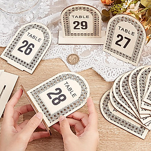 OLYCRAFT 30 Sets Wooden Table Number Signs 3.1x4.3 Inch Numbers 1~30 Rattan Openwork Wooden Sign Wedding Table Numbers Stands with Base Table Number Display for Restaurant Receptions Wedding Supplies