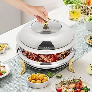 Chafing Dish Buffet Set,Stainless Steel Chafing Dish Set,Round Buffet Servers and Warmers Set with Lid Holder for Wedding Party (Gold-11.02in)