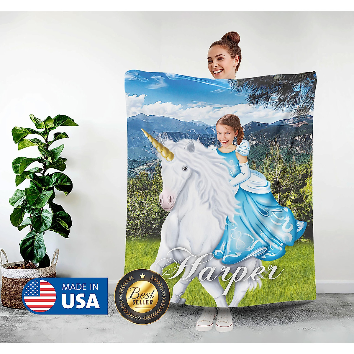 Custom Princess Blanket, Girls Personalized Photo Blanket, Add Your Face Blankets, Princess and Unicorn Custom Gift for Her, Kids Minky Throw Blanket 30x40 Custom Photo Gifts for Girls Women L78