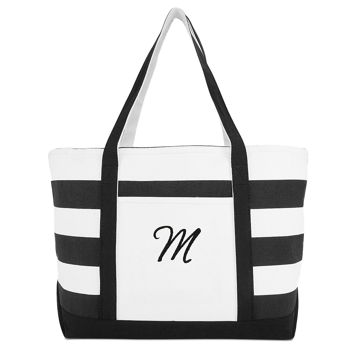 DALIX Striped Beach Bag Tote Bags Satchel Personalized Black Ballent Letter M