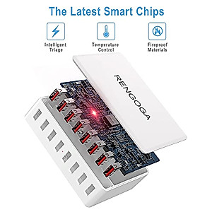 USB Charging Station, RENGOGA 50W/10A USB Charger 8-Ports USB Charging Hub, Multi USB Charger Block for Multilple Devices, iPhone 13 12 11 Pro Max,iPad Air, Samsung Galaxy S21 S20, Tablet-White