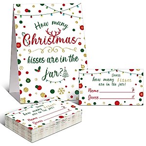 Christmas Party Game How Many Kisses Bridal Shower Game Wedding Shower Decorations Including 1 Standing Sign and 50 Guess How Many Cards for Christmas Party Bridal Shower Wedding Festive Holiday