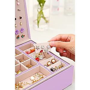 QBestry Stud Earring Organizer for Girls Purple Jewelry Box for Earrings Necklace Jewelry Organizer,Girls Earring Box for Womens Necklace Holder Rings Organizer Bracelet Earring Storage Case,Purple