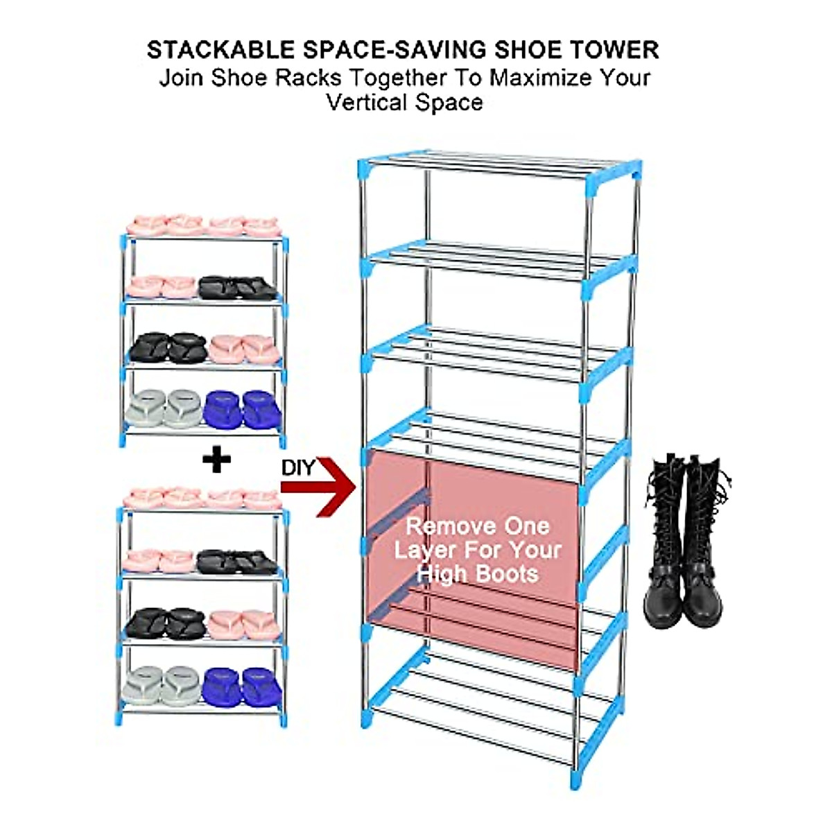 LNYZQUS Upgrade 4 Tier Small Shoe Rack, Kids Show Rack Closet Shoe Organizer,Compact Stackable Shoe Shelf Shoe Stand Floor Shoe Rack for Narrow Space,Zapateras Organizer for Shoes (Blue)