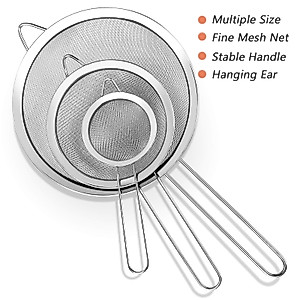 YLYL 3 Pcs Super Wire Extra Fine Mesh Strainer with Handle, Small Medium Large Size Sifter Metal Strainer Set, Stainless Steel Sieve Fine Mesh Strainers for Kitchen Rice Juice Quinoa Food Flour Baking