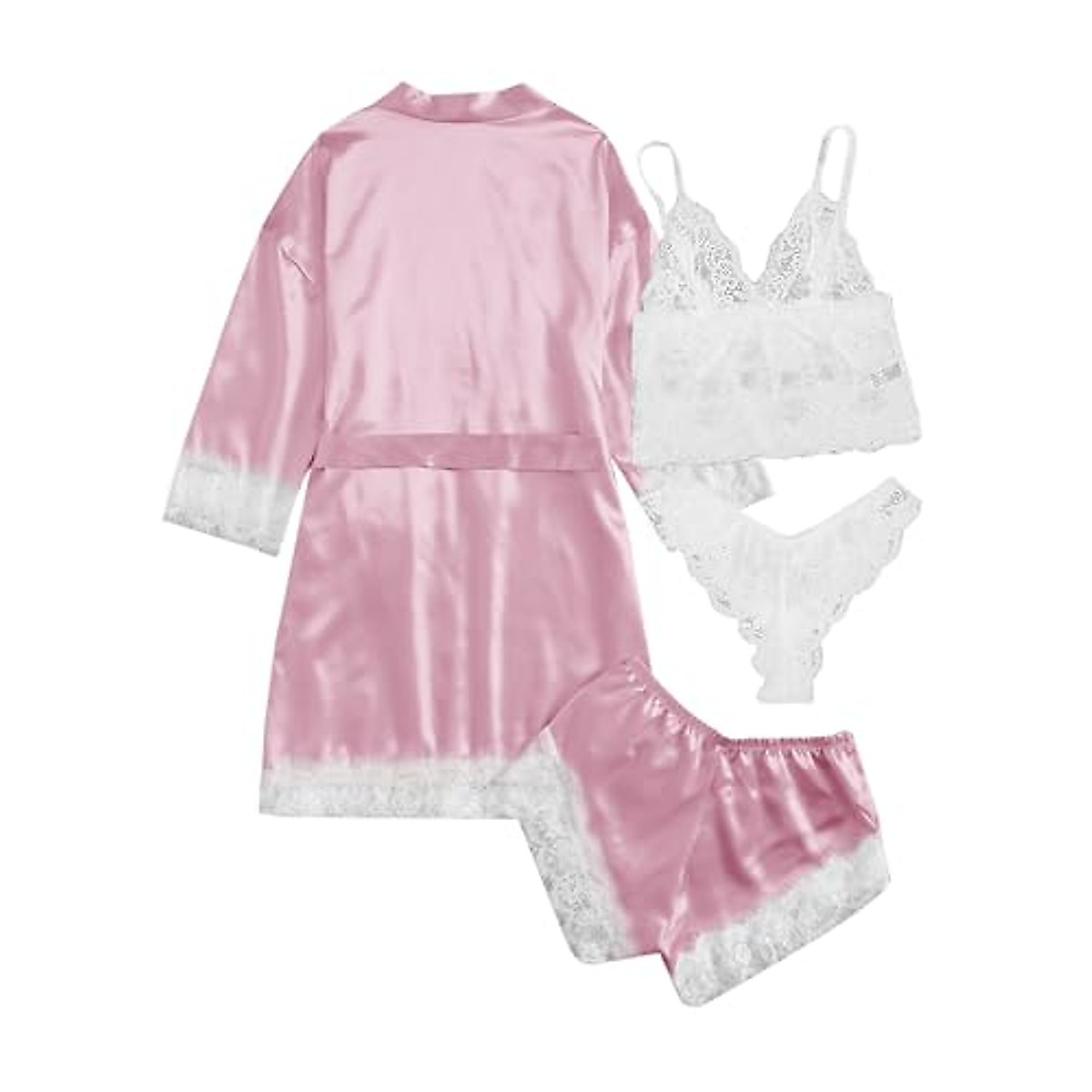 WDIRARA Women' Silk Satin Pajamas Set 4pcs Lingerie Floral Lace Cami Sleepwear with Robe Pink and White S