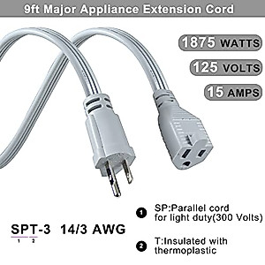KUNCAN Appliance Power Extension Cord - Heavy Duty 14/3 AWG Parallel 3 Prong Low Profile Flat Cable US Plug Male to Female Extender Grounded Wire for AC Unit, Air Conditioner, Refrigerator (9 ft)
