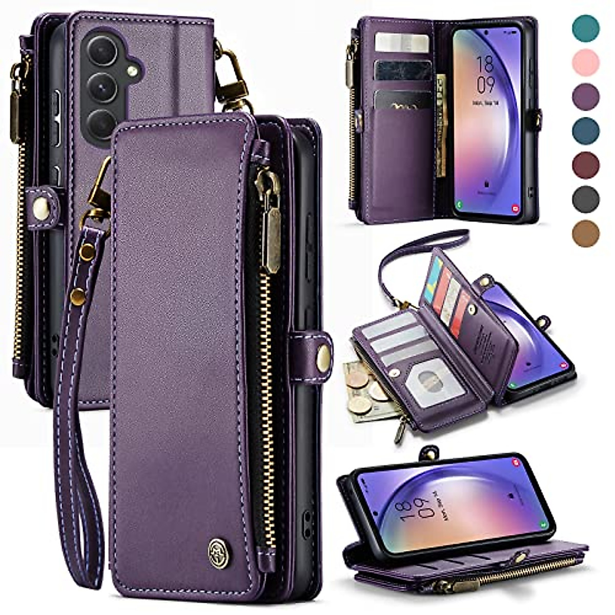 Defencase for Samsung Galaxy A54 5G Case, RFID Blocking Samsung A54 5G Case Wallet for Women Men, PU Leather Magnetic Flip Strap Zipper Card Holder Wallet Phone Case for Galaxy A54 5G, Fashion Purple