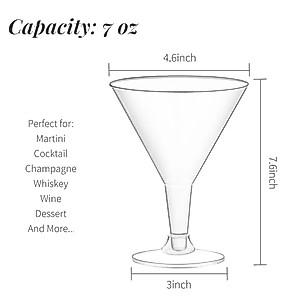 Zezzxu 24 Pack Plastic Martini Glasses - 7 oz Disposable Clear Plastic Cocktail Cups, Unbreakable & Reusable Wine Shooter Glasses for Party Margarita, Champagne, Wine