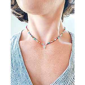 Multicolored Seed Bead Necklace - Personalized Silver Initial, Smiley Face, Heart - Best Friend Sister Girl Teen Gift - DII