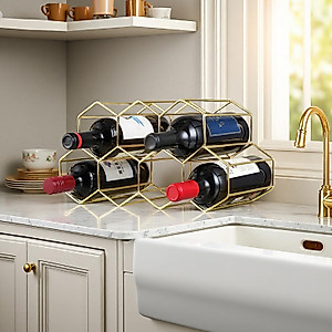 9 Bottles Metal Wine Rack, Countertop Free-Stand Wine Storage Holder, Space Saver Protector for Red & White Wines - Gold