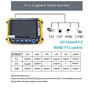 AHD CCTV Monitor Camera Tester IV8W 5 Inch 4-in-1 8MP AHD TVI 8MP CVI CVBS 1080P Coaxial HD Video Testerr Support RS485 PTZ Controller/UTP Cable Test/VGA HDMI Input/DC12V Output
