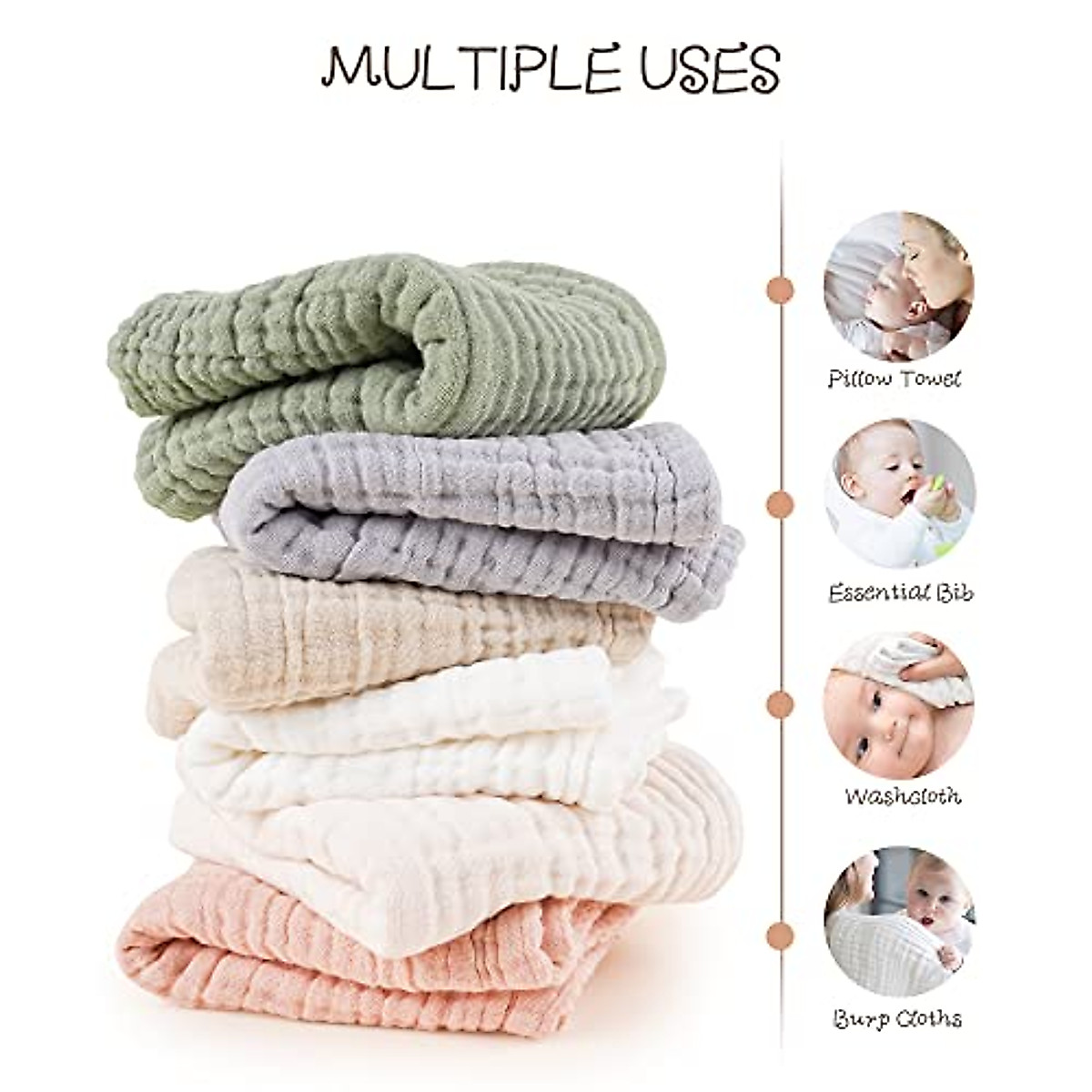 Konssy Muslin Baby Burp Cloths Sets for Unisex- 6 Pack Large 100% Cotton Burping Clothes for Newborn，Baby Girls and Boys