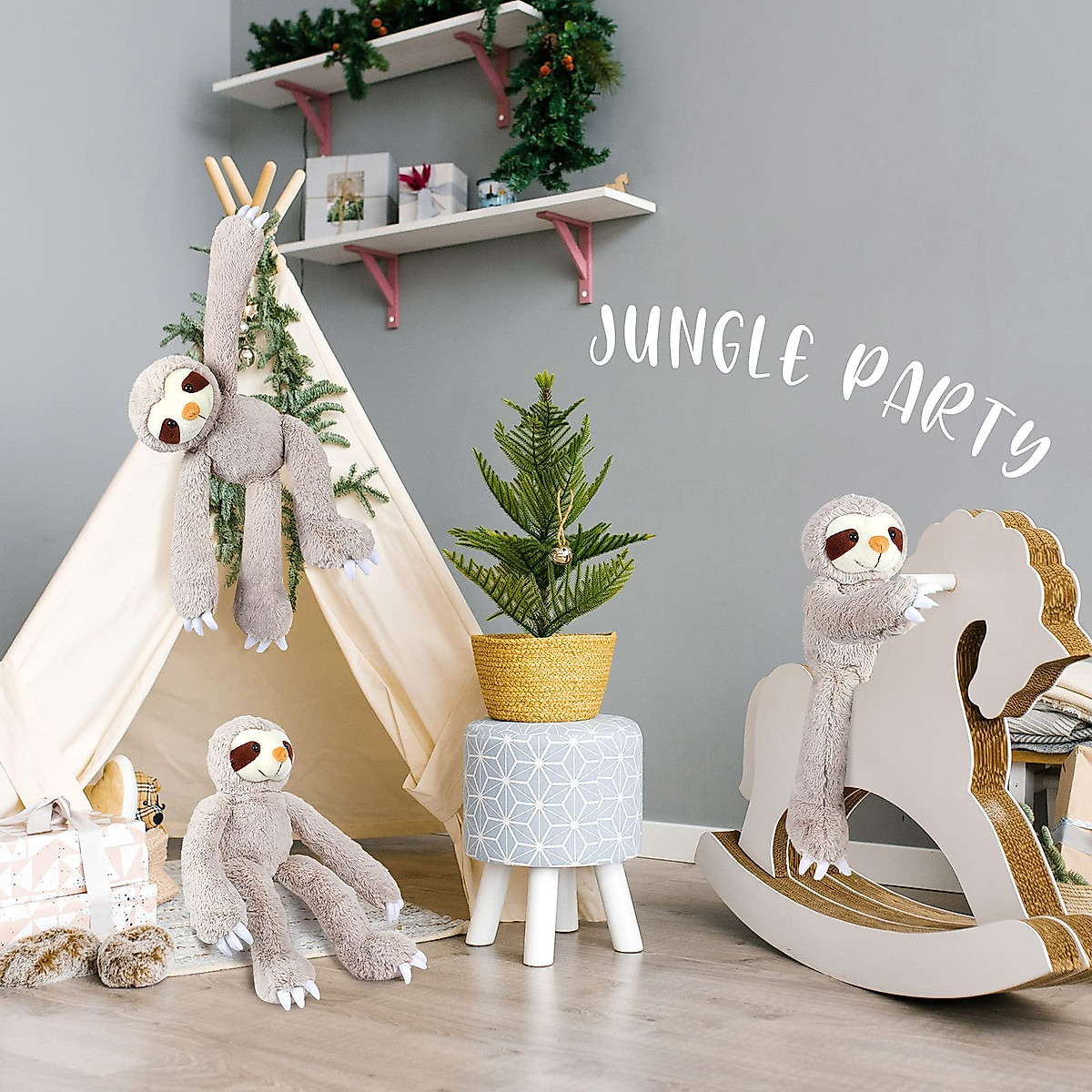 Hanging Sloth Stuffed Animals 18 Inch Three Toed Sloth Plush Toy with Hook and Loop Hands Hanging Sloth Toy for Boys Girls Bedroom Animal Themed Birthday Party Favors Decoration (4 Pcs)