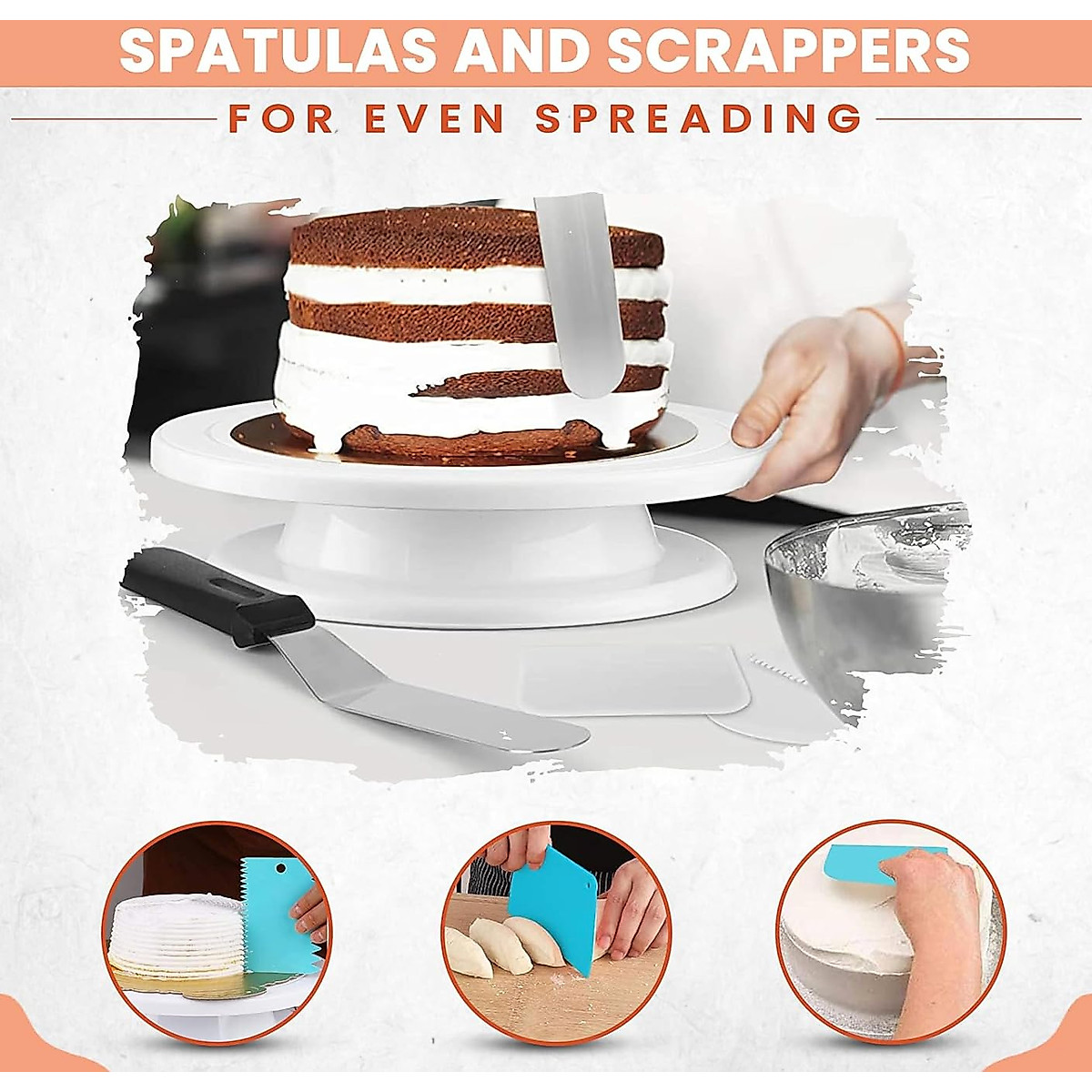 RUISENLAI 260pcs Cake Pan Set for Baking + Cake Decorating Supplies: 3 Round Non Stick Springform Pan Set (4, 7, 9 inches), Icing Tips, disposable piping bags – with 60 Pcs Parchment Paper Liners