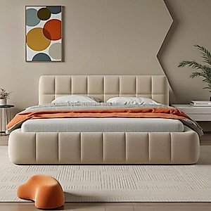 DNYN Full Size Upholstered Platform Bed with Thick Fabric for Kids/Adults,Solid Wood Bedframe w/Wood Slat Support for Small Space,Bedroom,Apartment,Easy Assembly & No Box Spring Needed, Beige