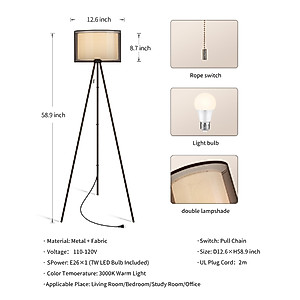 KDG Modern Floor Lamp for Living Room, Tall Tripod Floor Lamp Corner Lighting, Fabric Lampshade LED Bulb Bright Pole Light, High Light for Bedroom, Reading, Office, Study Room, Warm Light(Black)