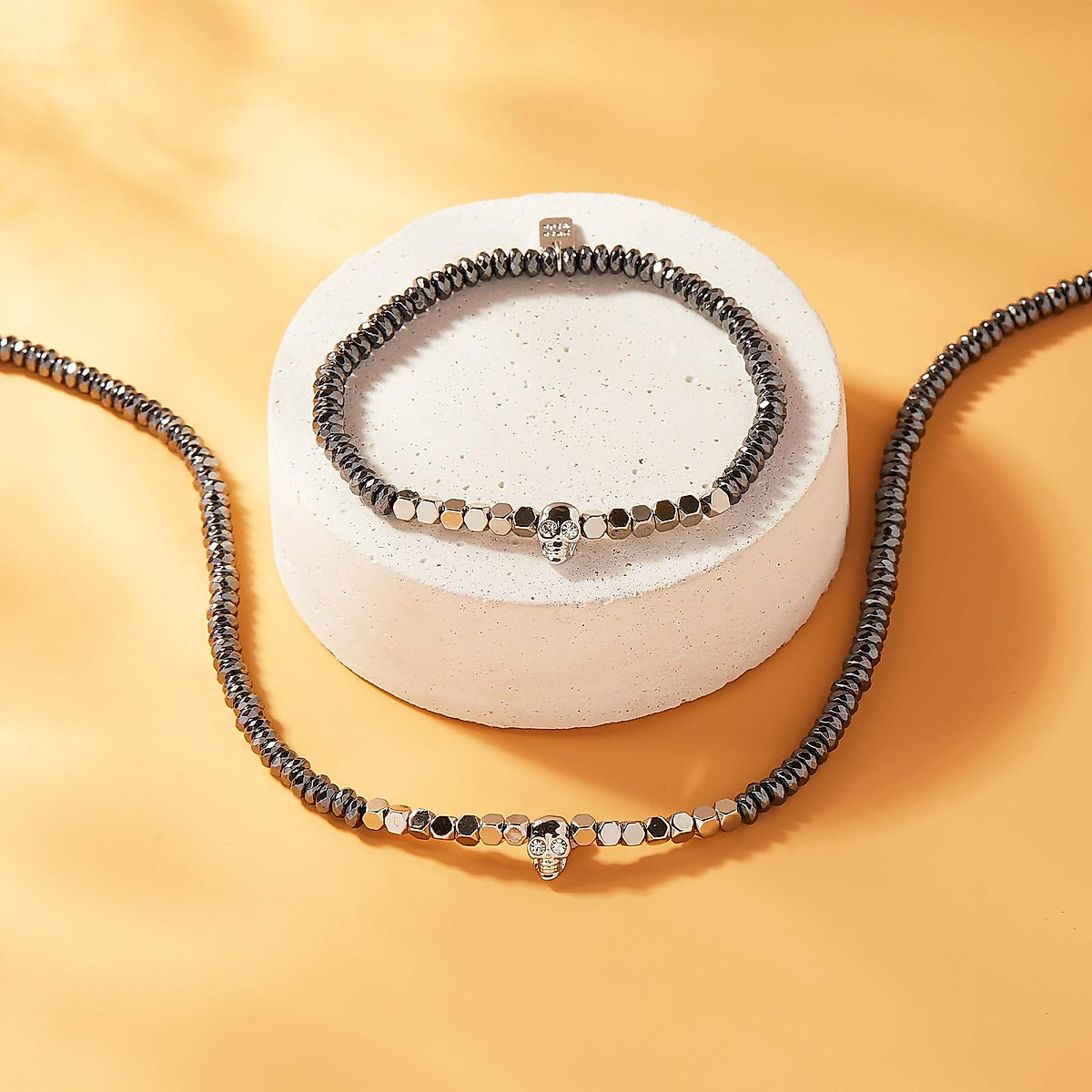 Pura Vida Bracelet Hematite Stretch Bracelet with Skull Charm - Halloween Bracelet & Party Favors - Stretch Bracelet & Adjustable Bracelets for Women - Cute Bracelets