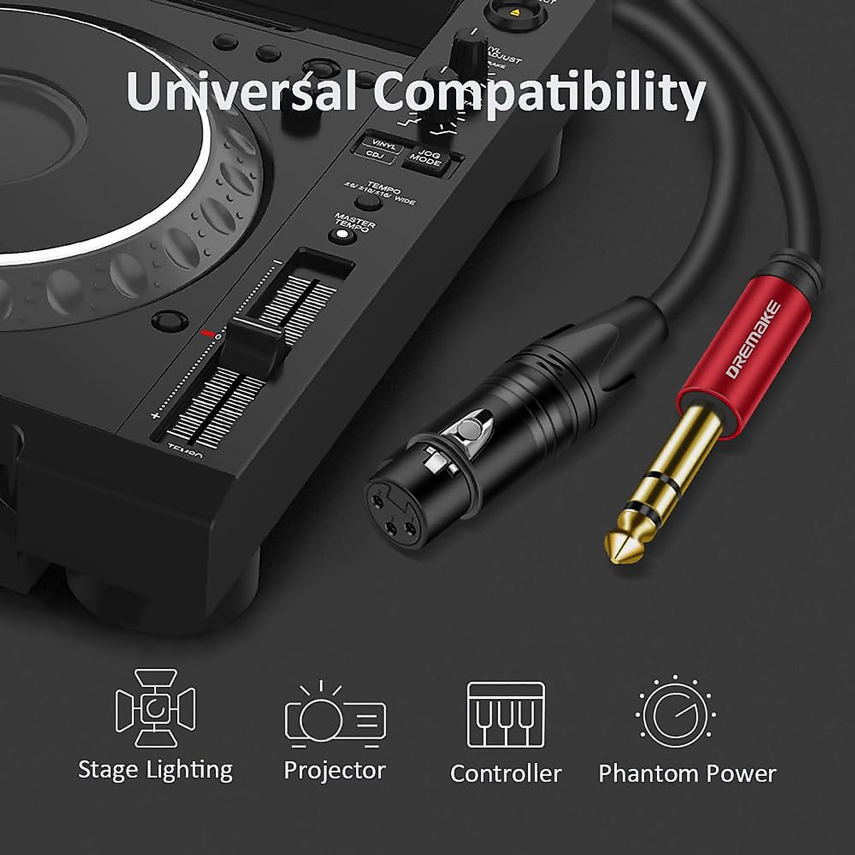 DREMAKE Balanced XLR to 1/4 Audio Cable, 20FT Jack 6.35mm (1/4 inch) TRS Male to XLR Female Signal Interconnect Mic Cable for Mixer, Audio Sound Consoles, Power Amplifier - Red